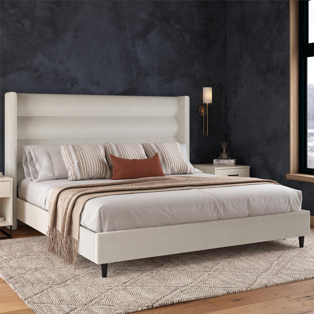 Novogratz Louis Upholstered Wingback Bed, King, Textured Ivory Canvas ...